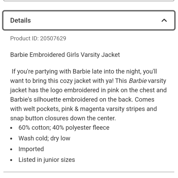 Barbie | Jackets & Coats | New Barbie Embroidered Girls Varisty Jacket ...